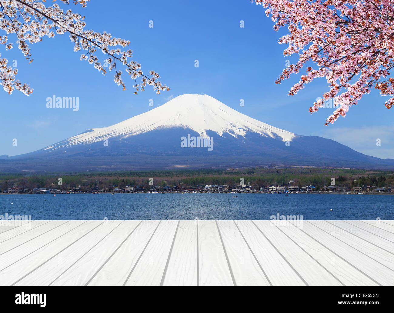 white wood terrace with Mt Fuji and Cherry Blossom Stock Photo - Alamy