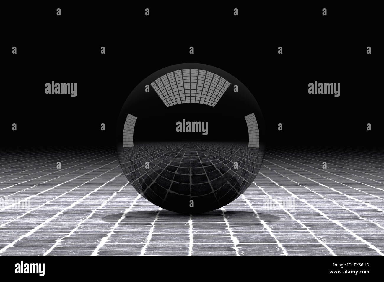 3d rendering of a black ball with great reflection on a tiles floor ...