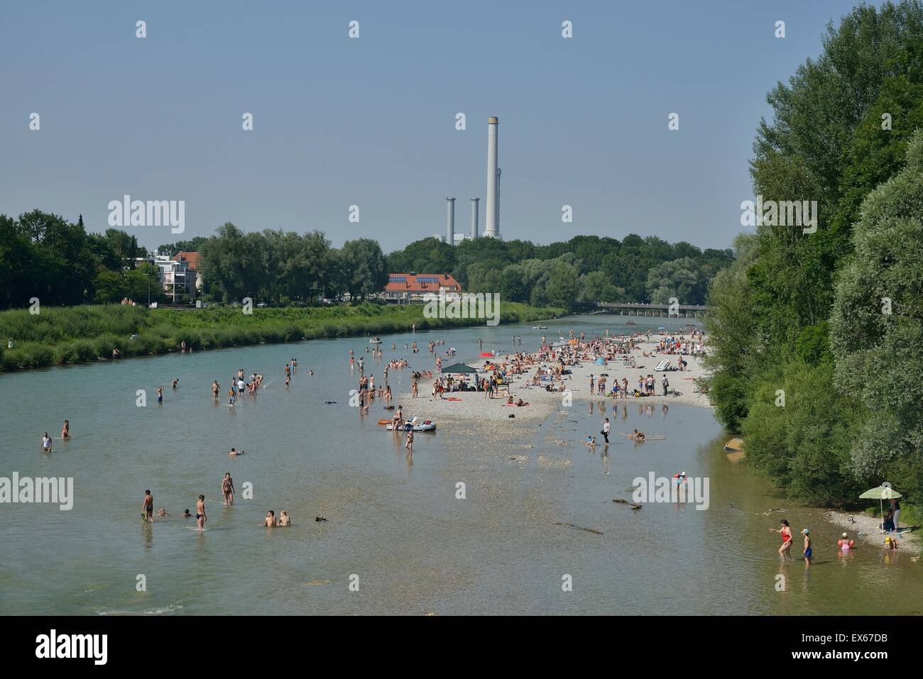 Bathers at the Flaucher, Isar, Thalkirchen, Munich, Upper Bavaria ...