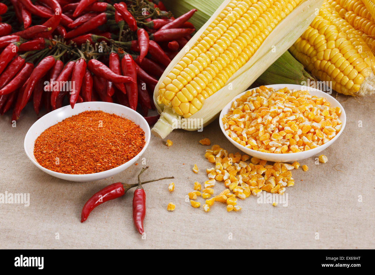 The red hot chili peppers and corn Stock Photo - Alamy