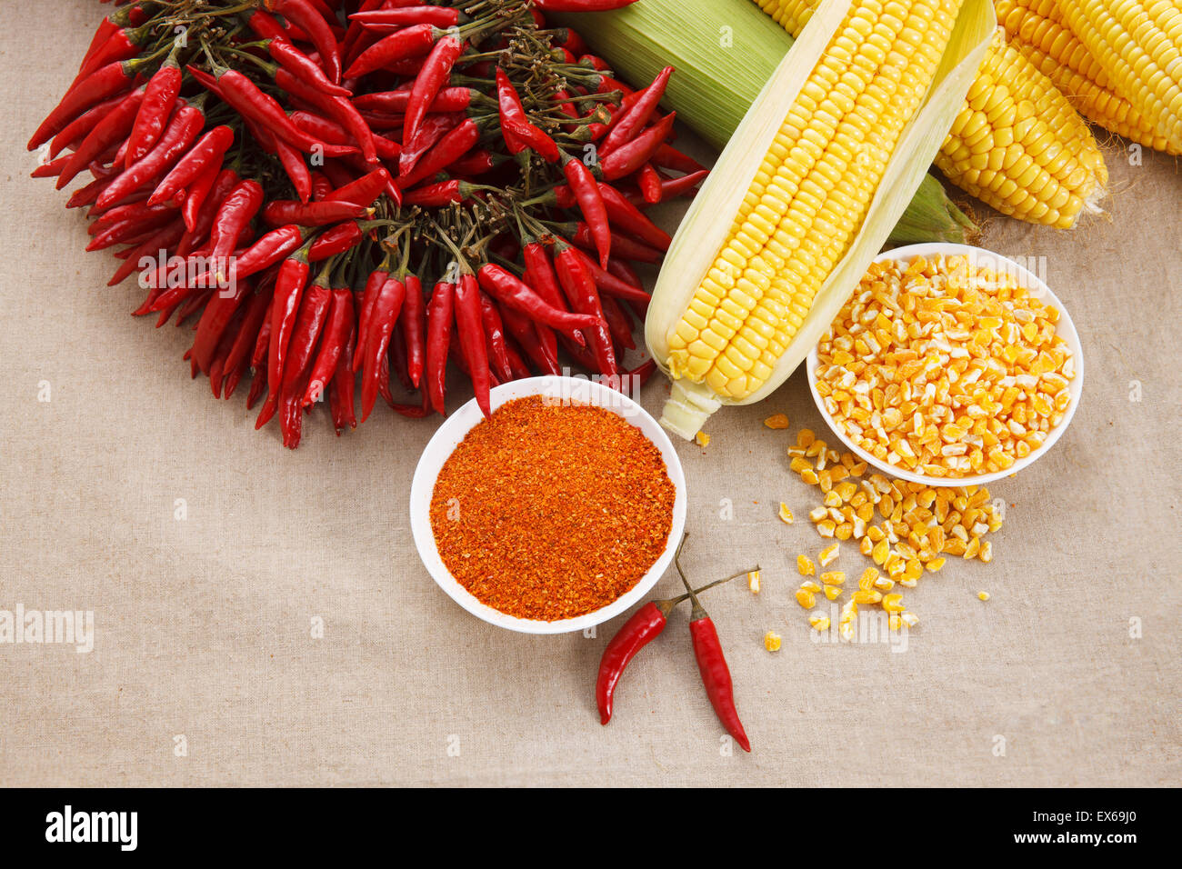 The red hot chili peppers and corn Stock Photo - Alamy