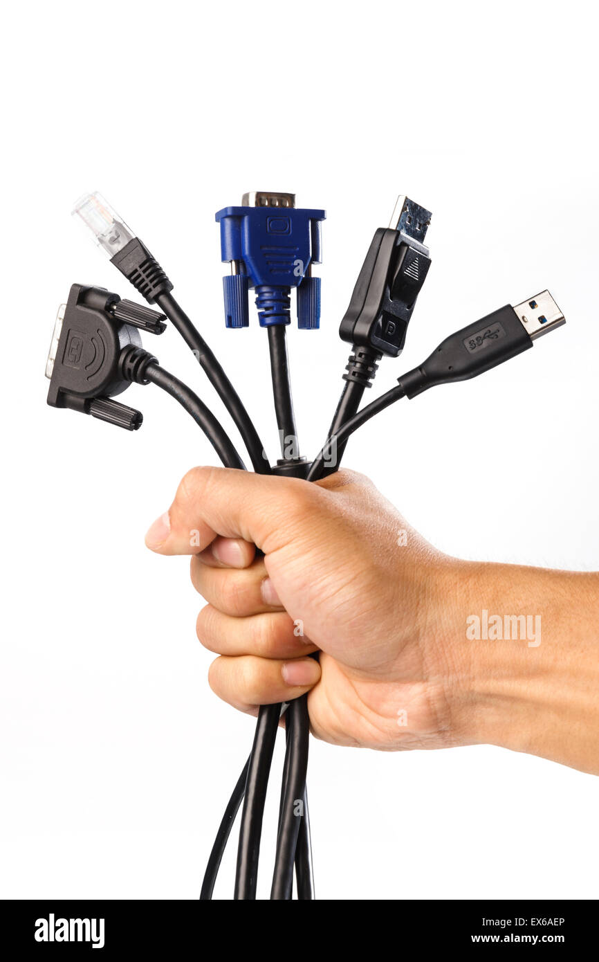 Human hand holding digital connecting cables Stock Photo - Alamy