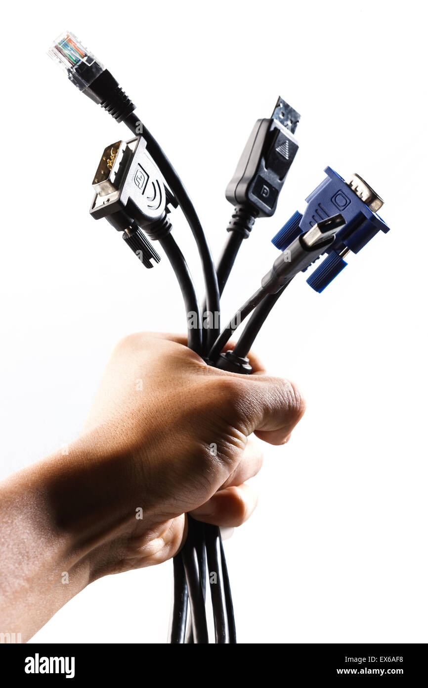 Human hand holding digital connecting cables Stock Photo - Alamy