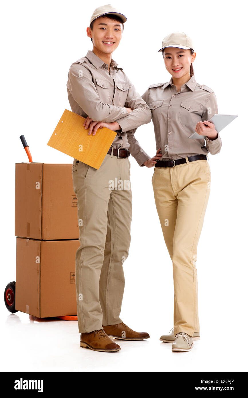 Portrait of young woman and young man with push cart Stock Photo - Alamy