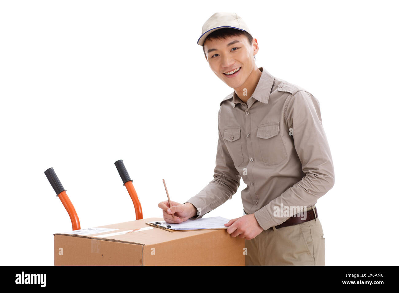 Young man with push cart Stock Photo - Alamy