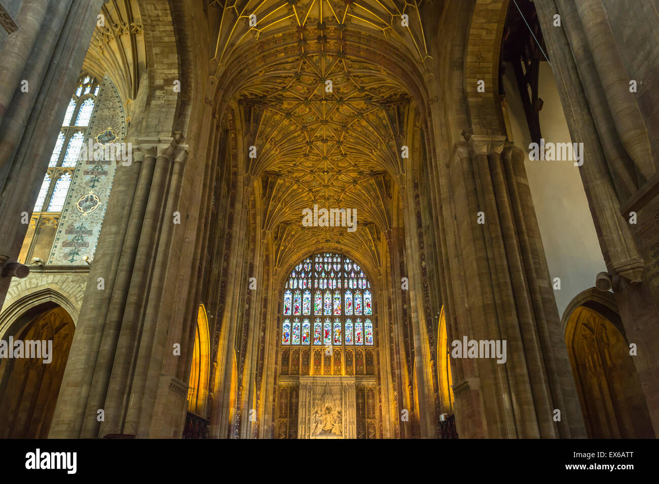 Nave, chancel and stained glass window, beautiful interior of Sherborne ...