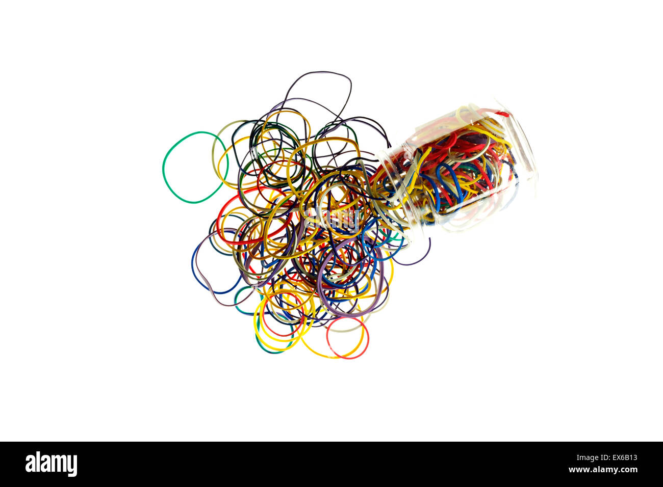 Coloured elastic rubber bands and container on white background Stock ...