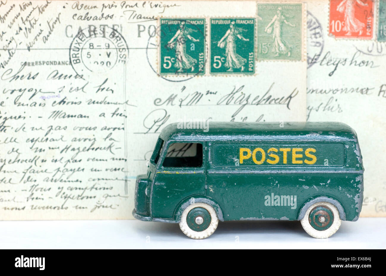 French dinky poste van in front of French Post card Stock Photo - Alamy