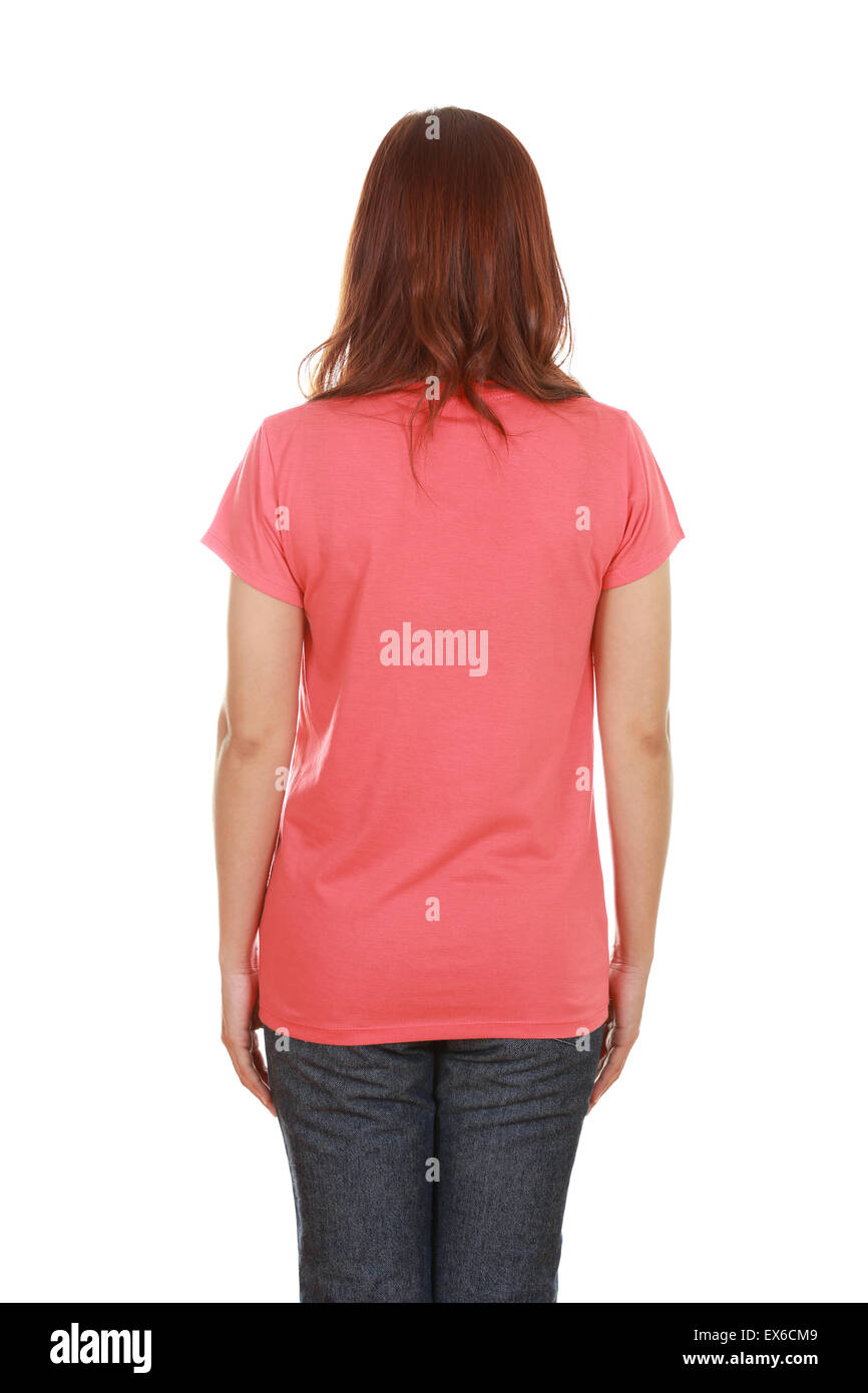 female with blank t-shirt (back side) isolated on white background ...