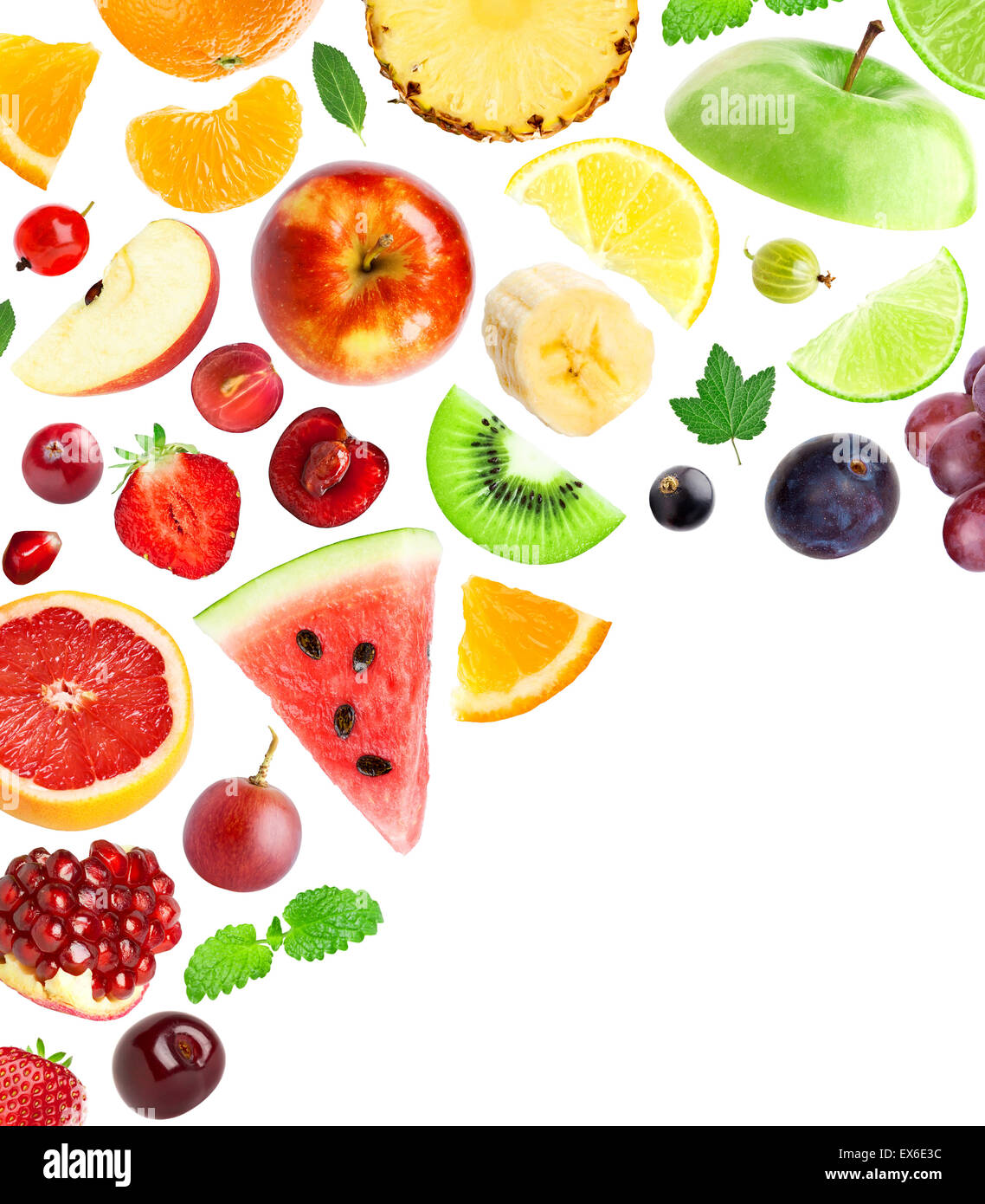 Falling fresh fruits and berries on white background Stock Photo - Alamy