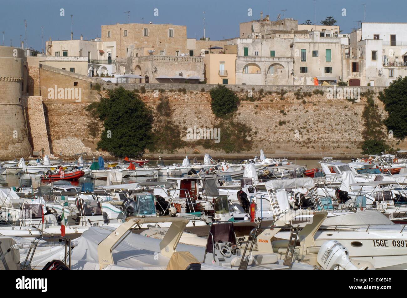 Italy, region Apulia, Otranto, tourist harbor under walls of ancient ...