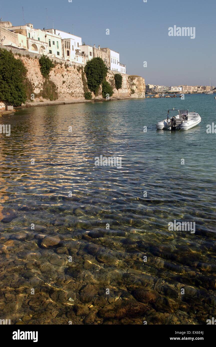 Italy, region Apulia, Otranto, tourist harbor under walls of ancient ...