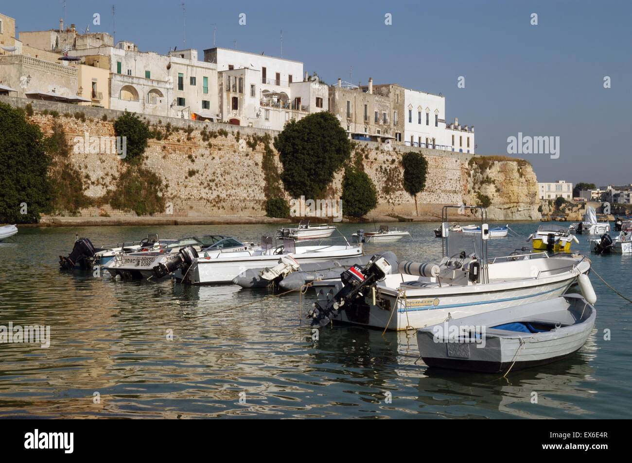 Italy, region Apulia, Otranto, tourist harbor under walls of ancient ...