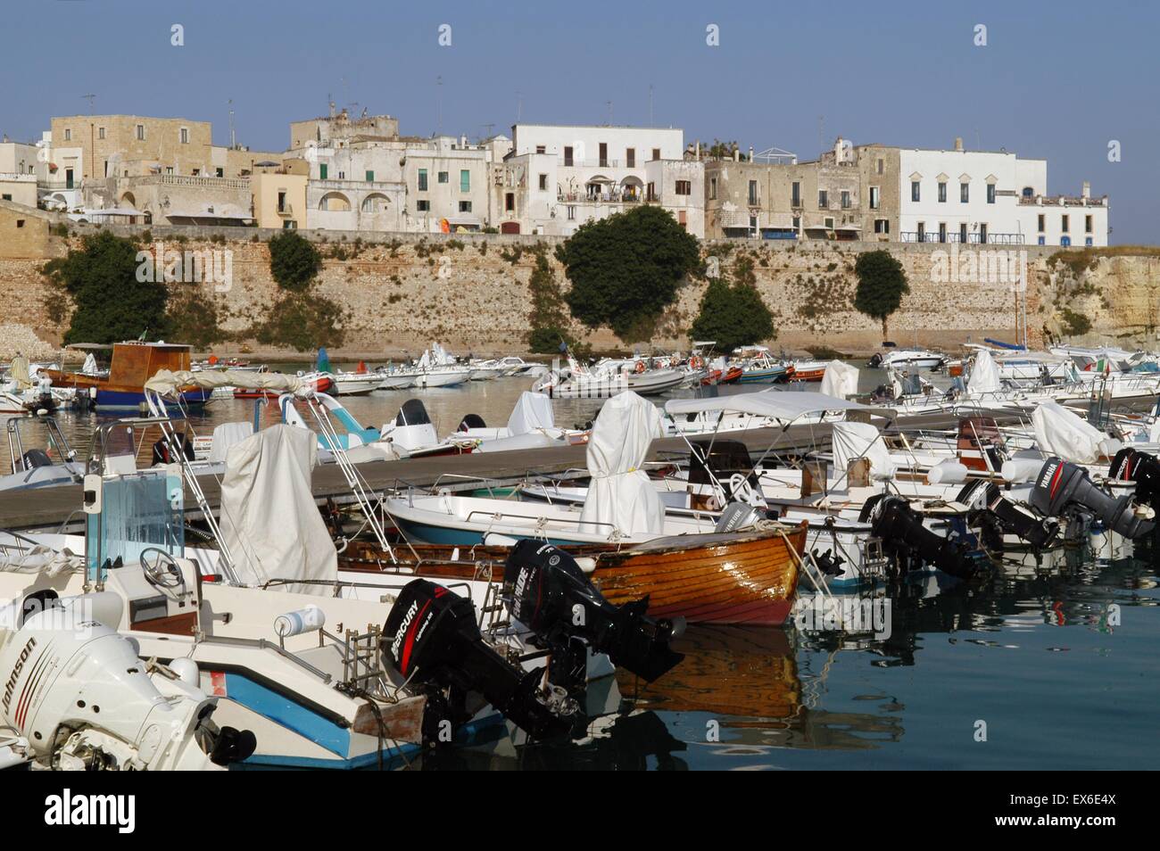 Italy, region Apulia, Otranto, tourist harbor under walls of ancient ...