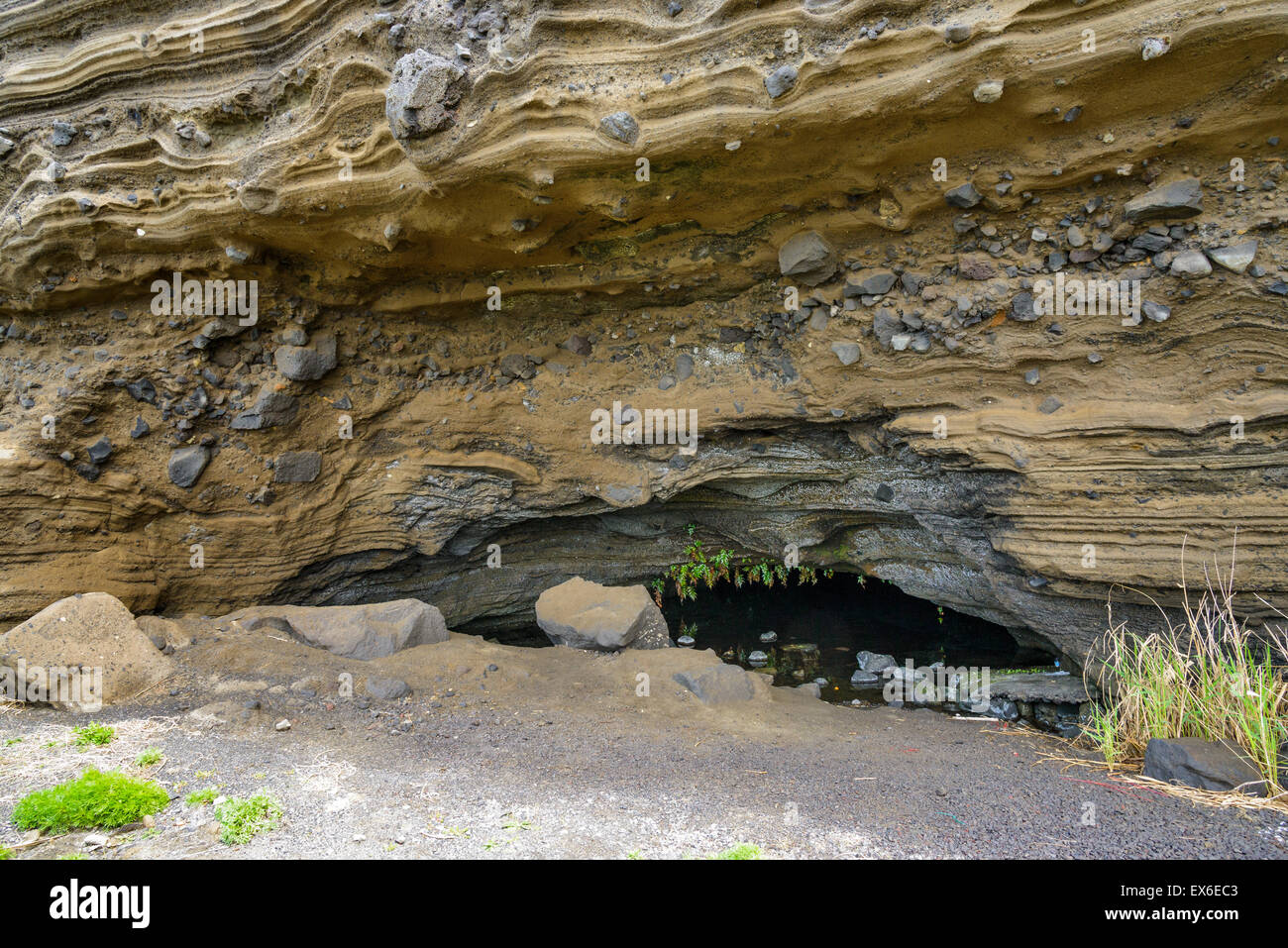 Sedimentary Rock (Pyroclastic deposit) and a natural cave at Suwolbong ...