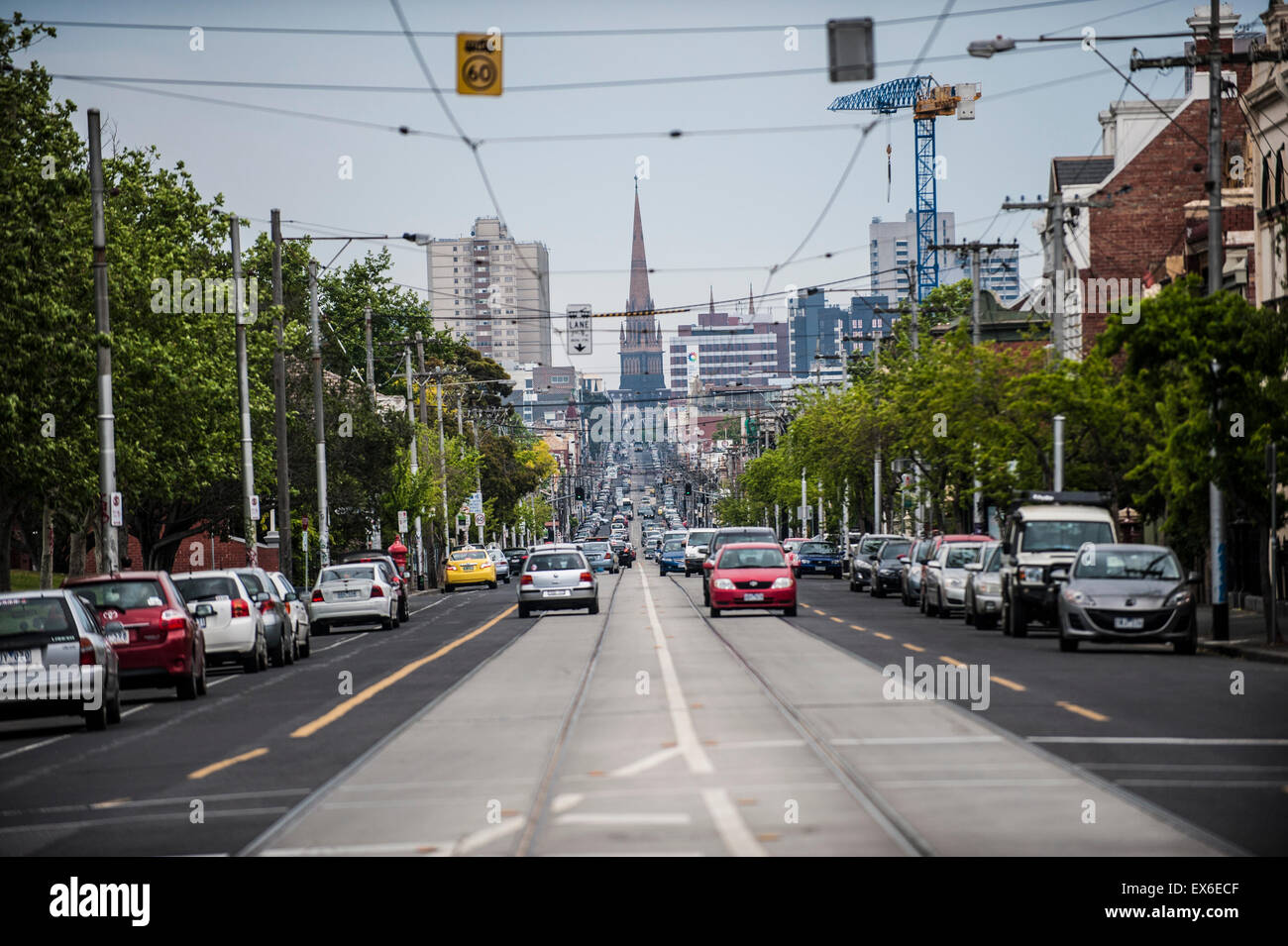 Tram tracks in Melbourne, Australia with CBD view Stock Photo - Alamy