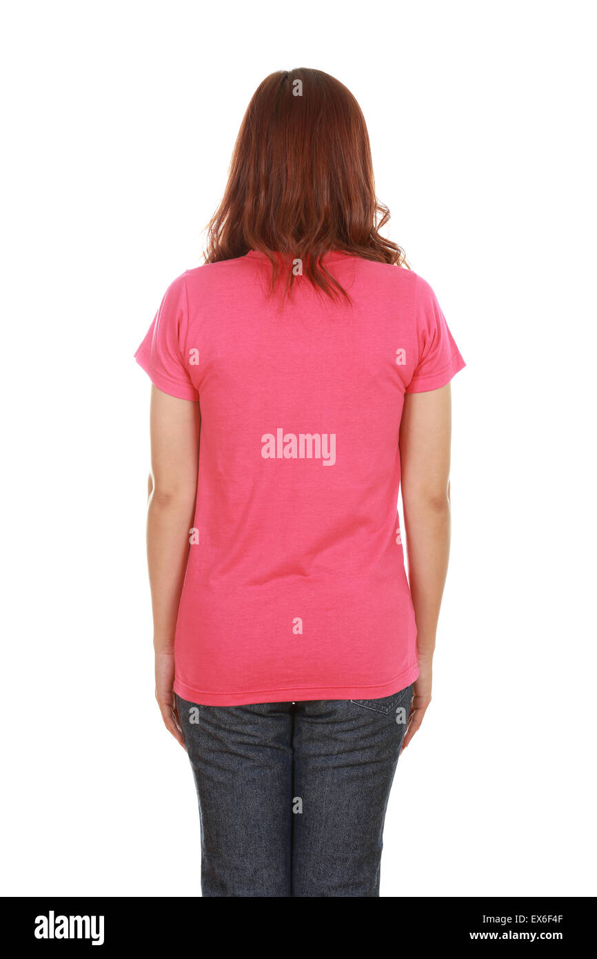 female with blank pink t-shirt (back side) isolated on white background ...