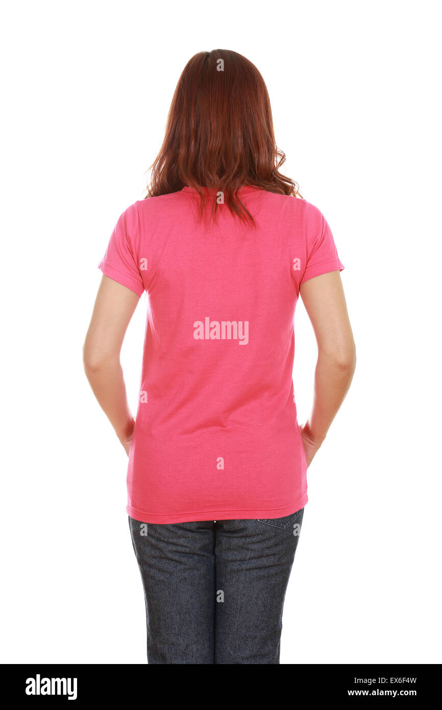 female with blank pink t-shirt (back side) isolated on white background ...