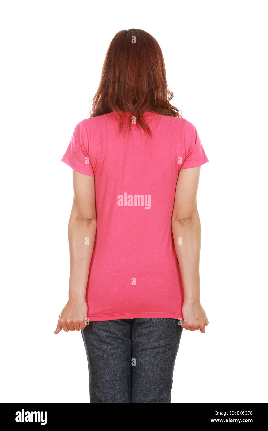 female with blank pink t-shirt (back side) isolated on white background ...
