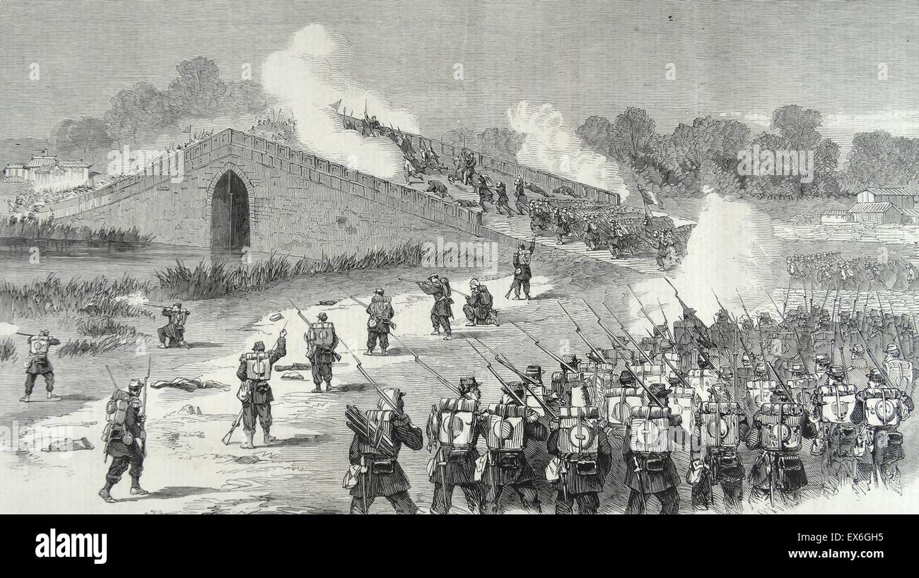 Engraving depicting the French attack on the Bridge Pa-Li-Chian, China ...