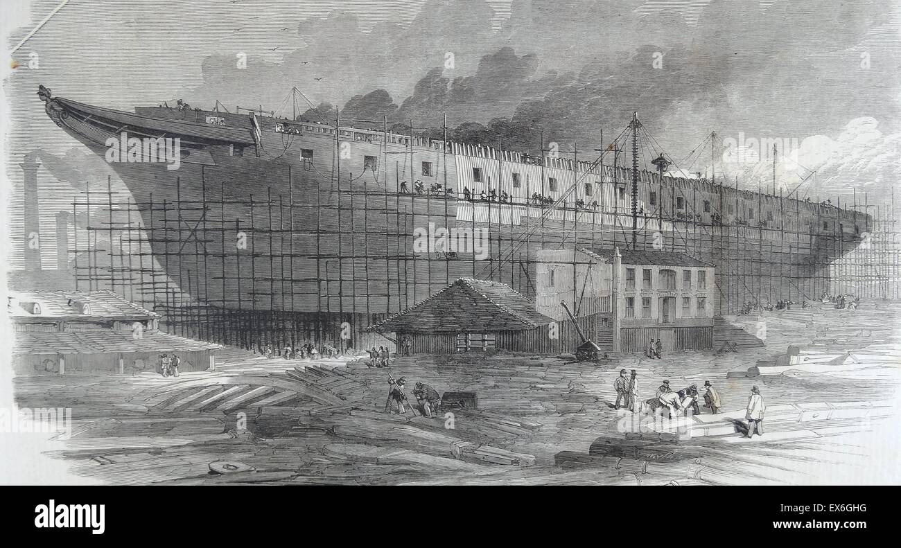 Engraving depicting the construction of a large ship. Dated 1860 Stock ...