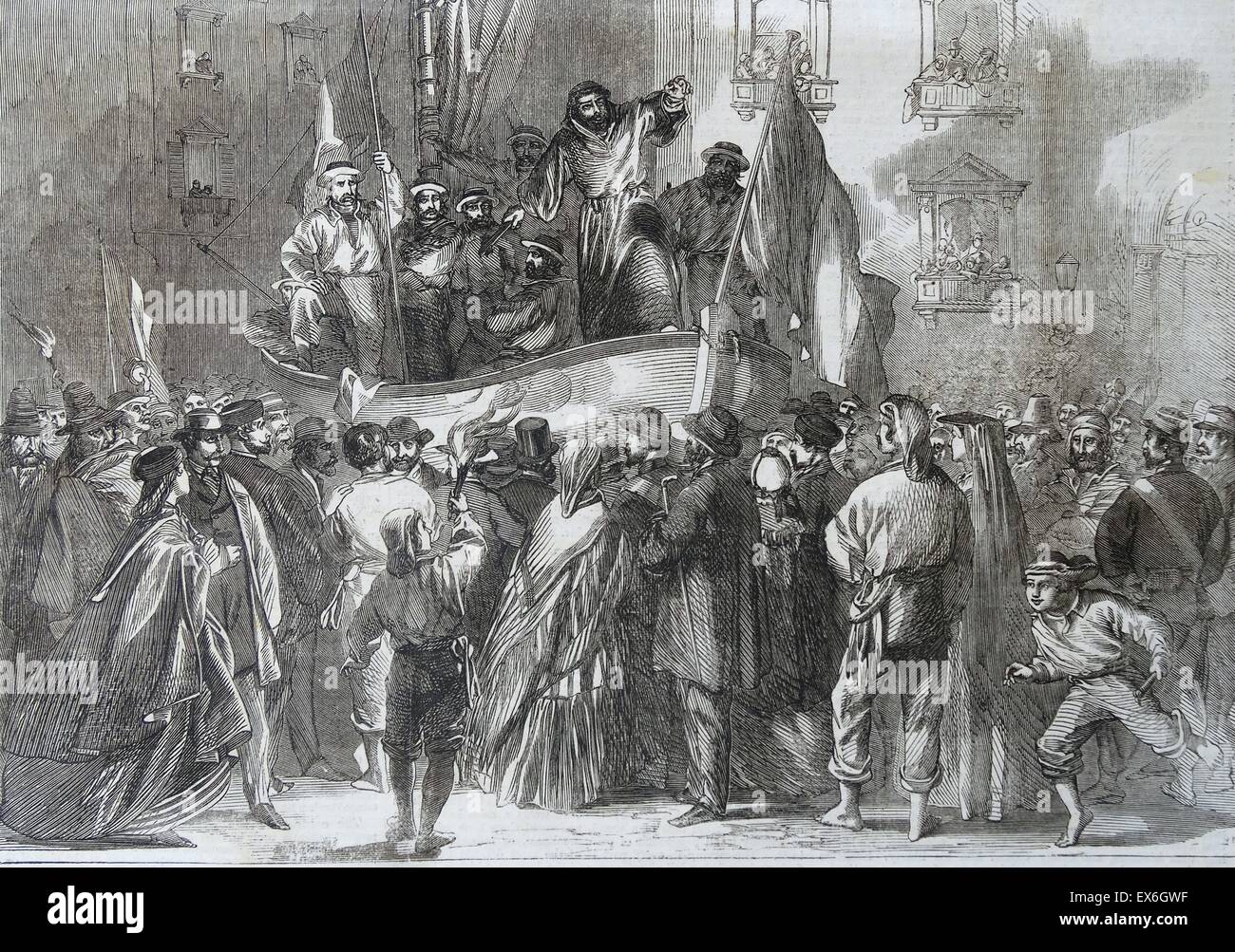 Engraving depicting Padre Giovanni addressing the people in front of ...
