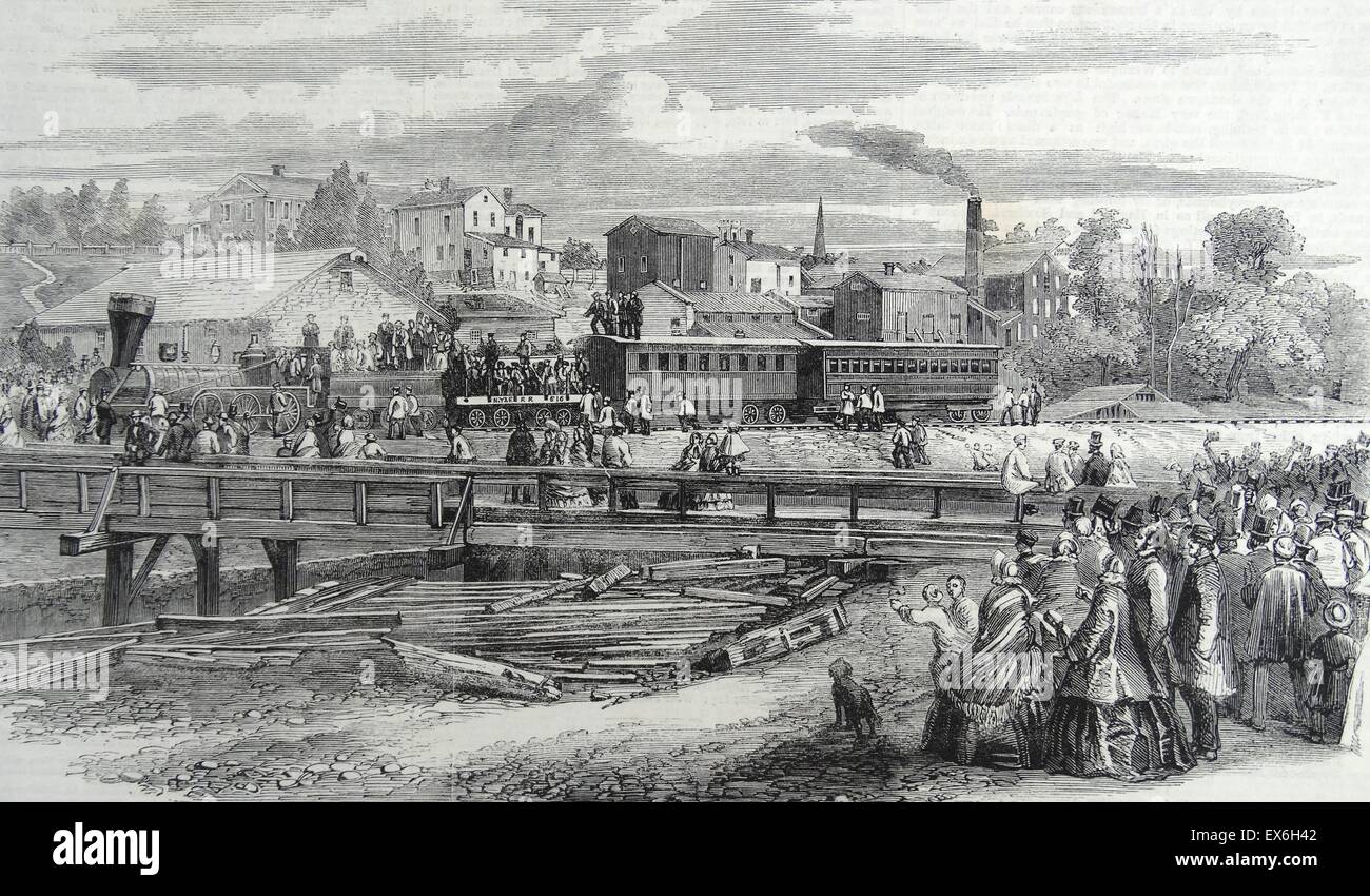 Engraving depicting the arrival of first train on the Atlantic and ...