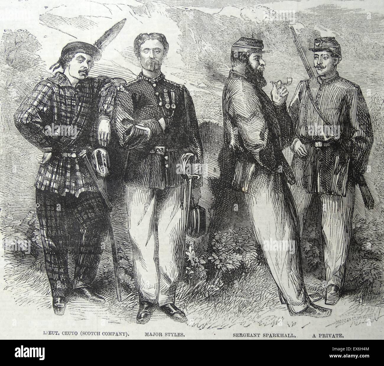 Engraving depicting the Garibaldian volunteers. Left to right ...