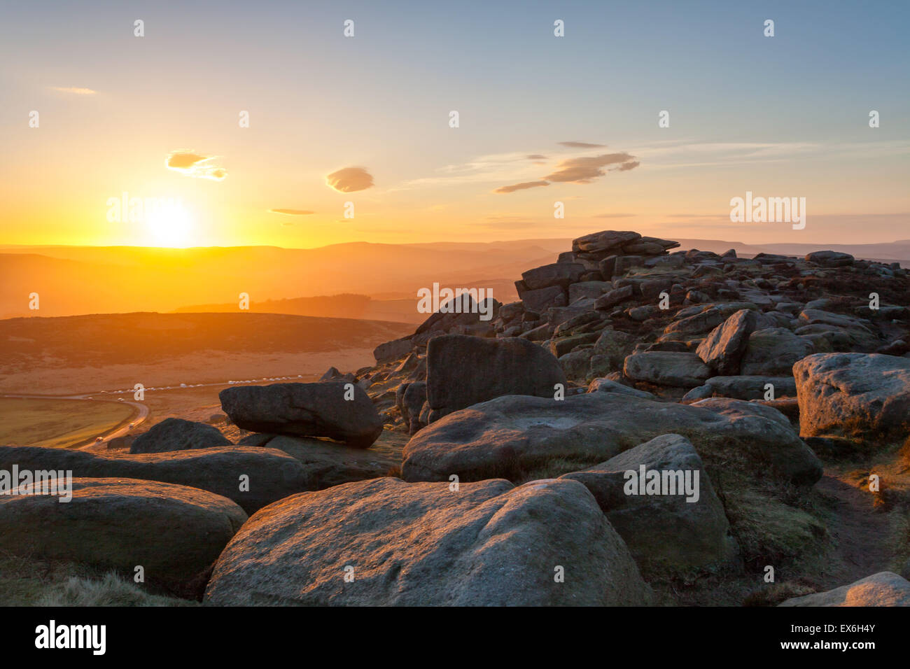 Stanage Edge Hathersage sunset over the millstone grit slabs derbyshire ...