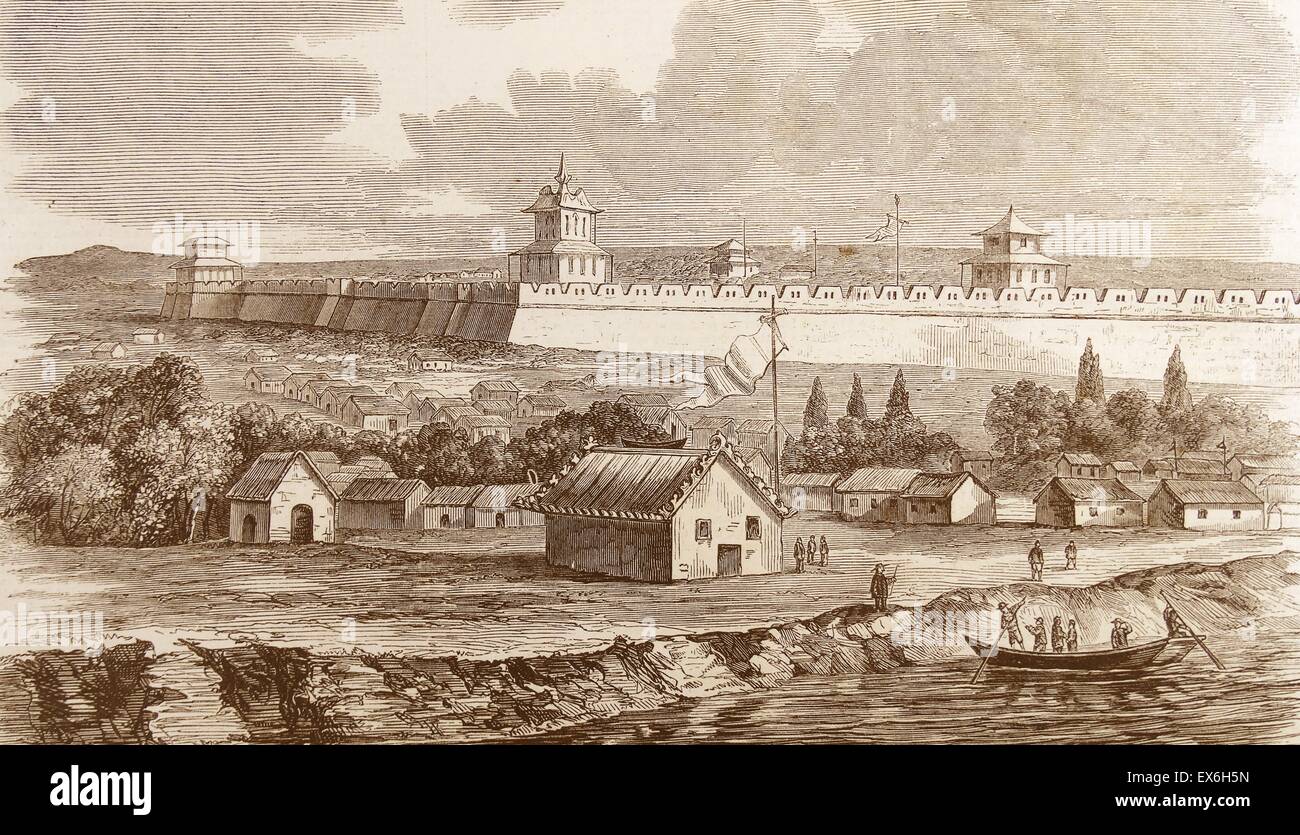 Engraving depicting Tien-Tsin, on the banks of the Peiho River. Dated ...