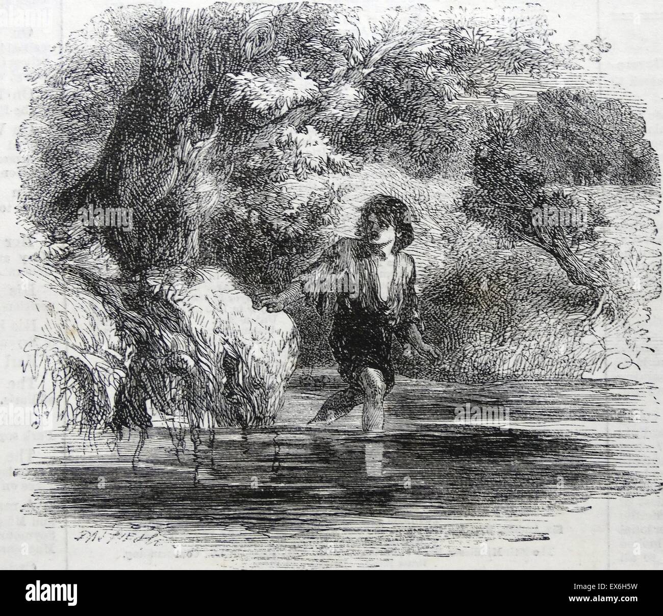 Engraving depicting a gypsy child wading through a river. Dated 1860 ...