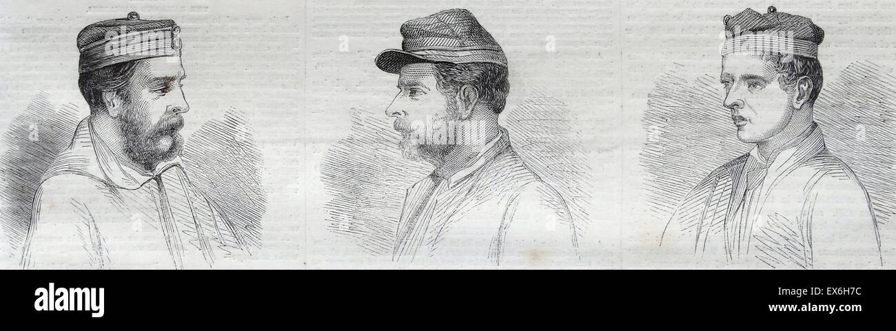 Engraving depicting members of the English Battalion. Left to right ...