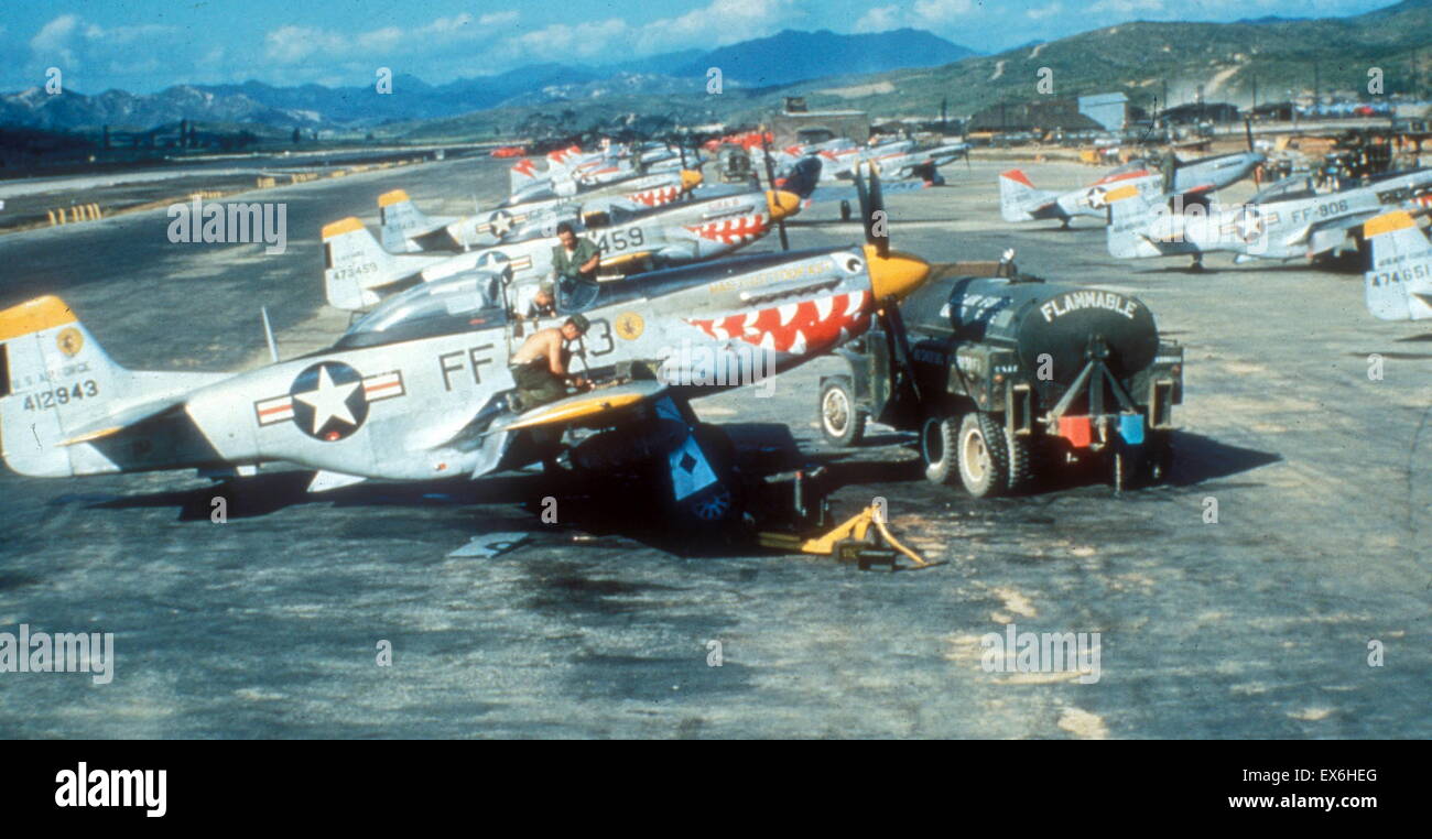 US Air Force F-51D Mustang fighters at an allied airfield in Korea ...