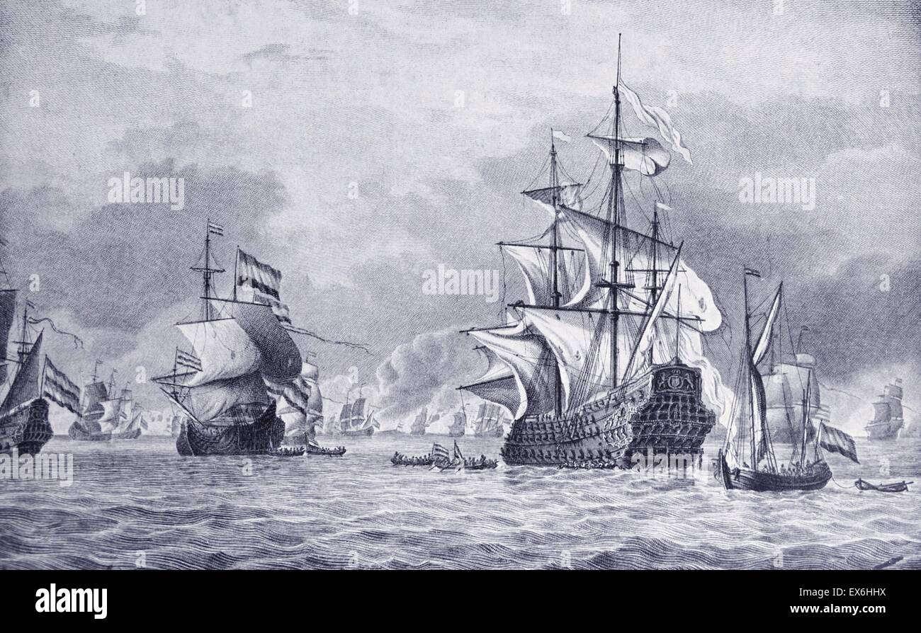 Line engraving of the Four Days' Battle. The Royal Prince, ashore on ...