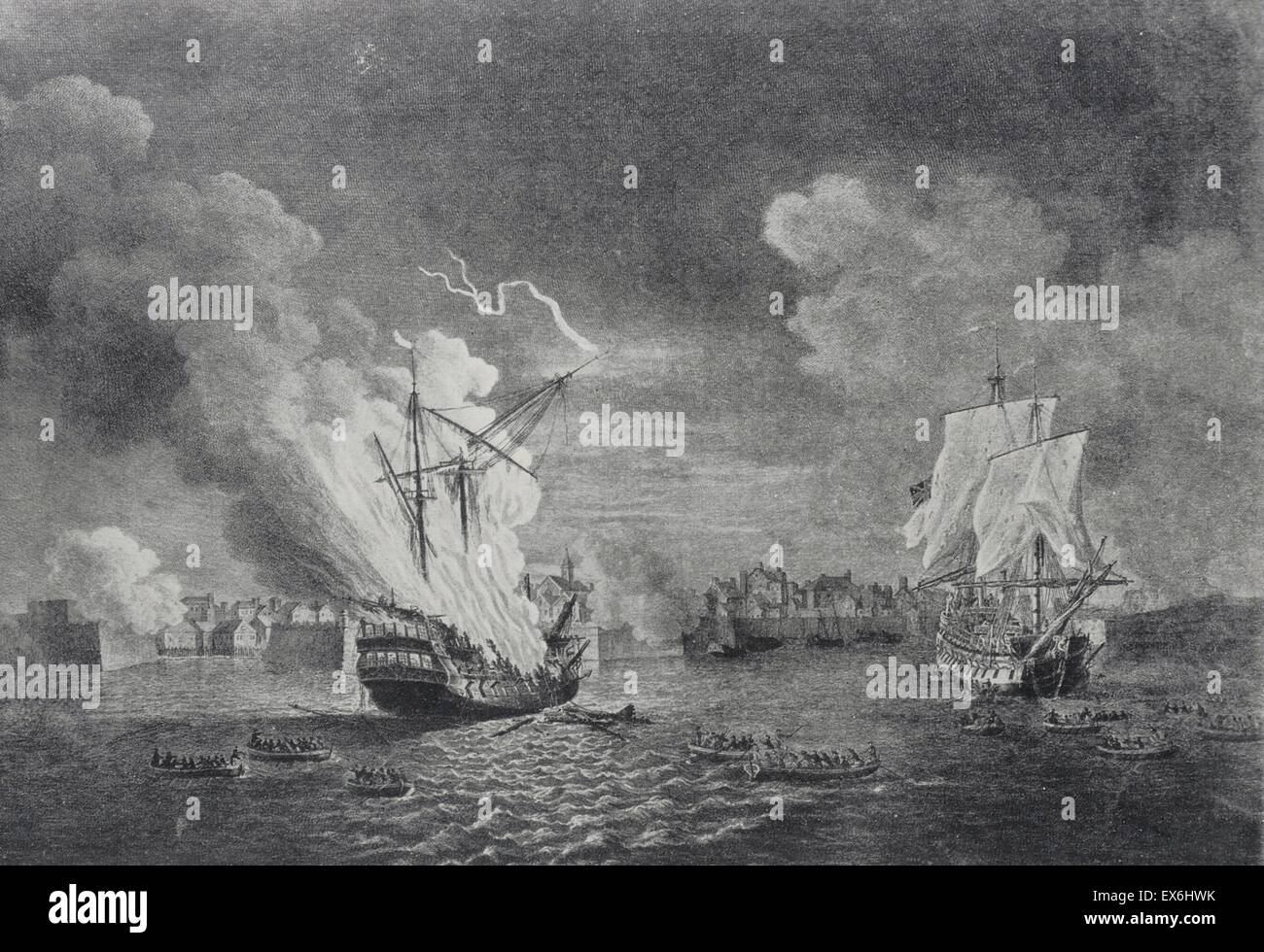 Line engraving of the Capture of Louisbourg. The Prudent burned and the ...