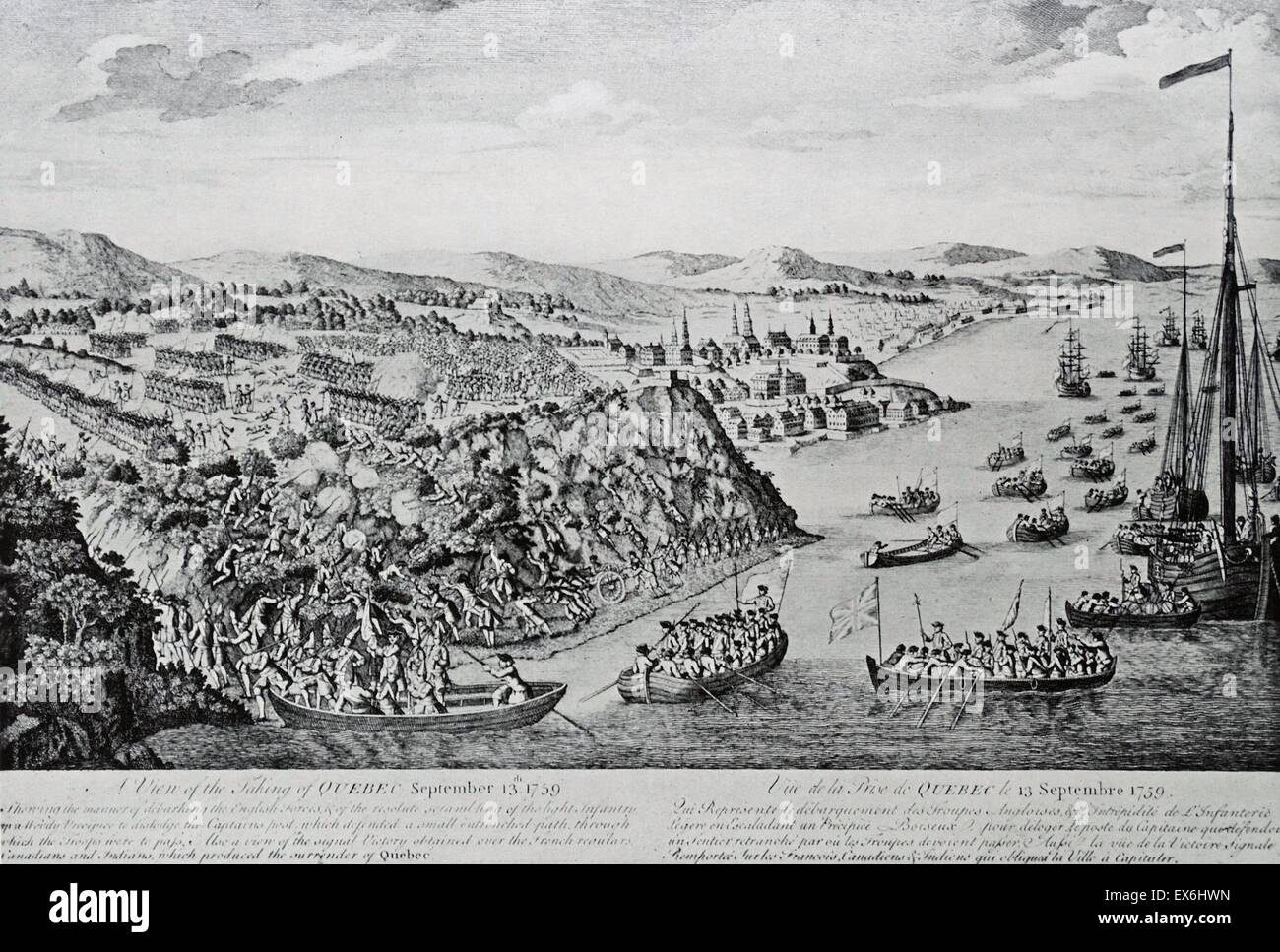 Line engraving depicting the capture of Quebec. The troops landing in ...
