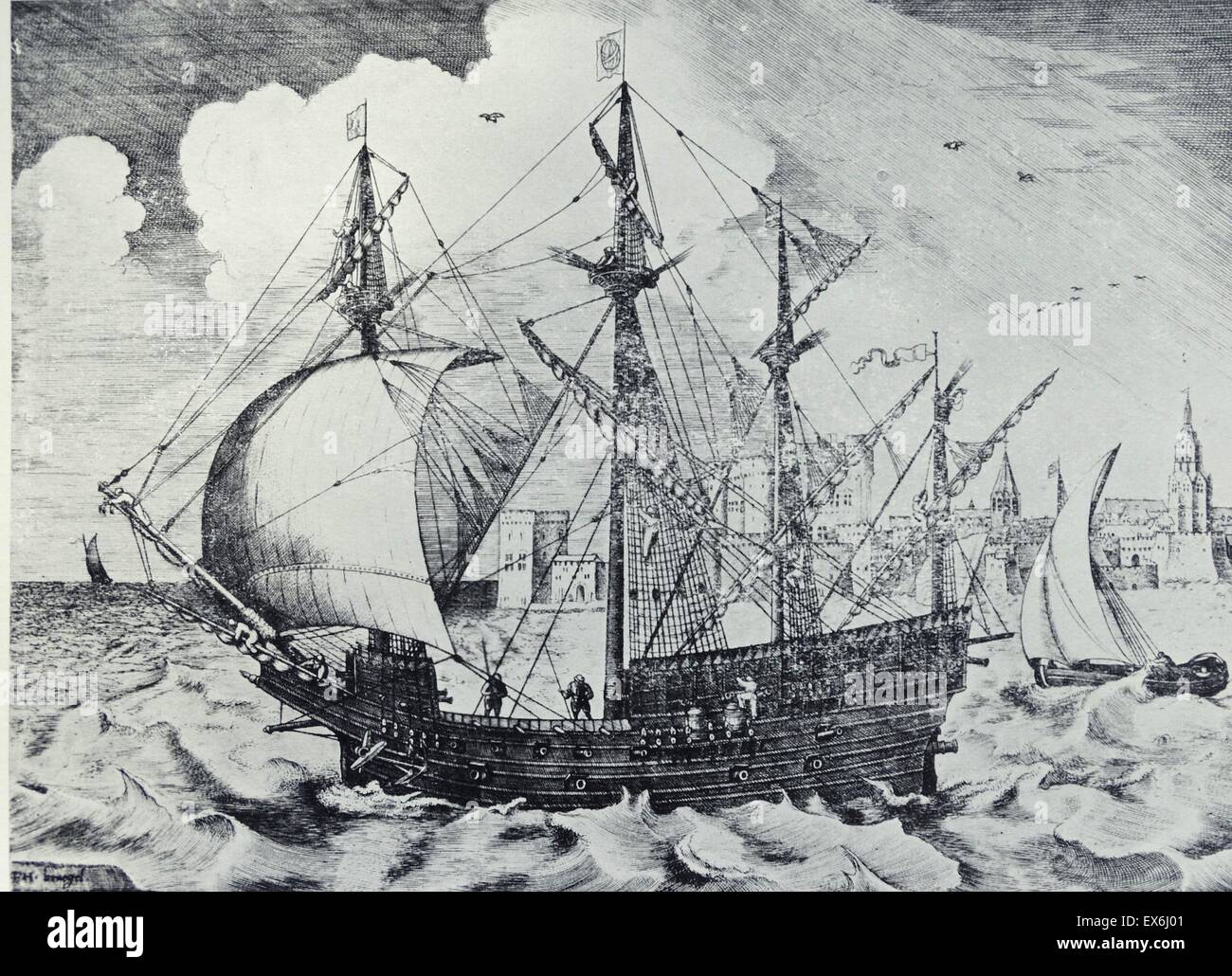 Line engraving of a ship running out of a harbour. Engraved by Frans ...