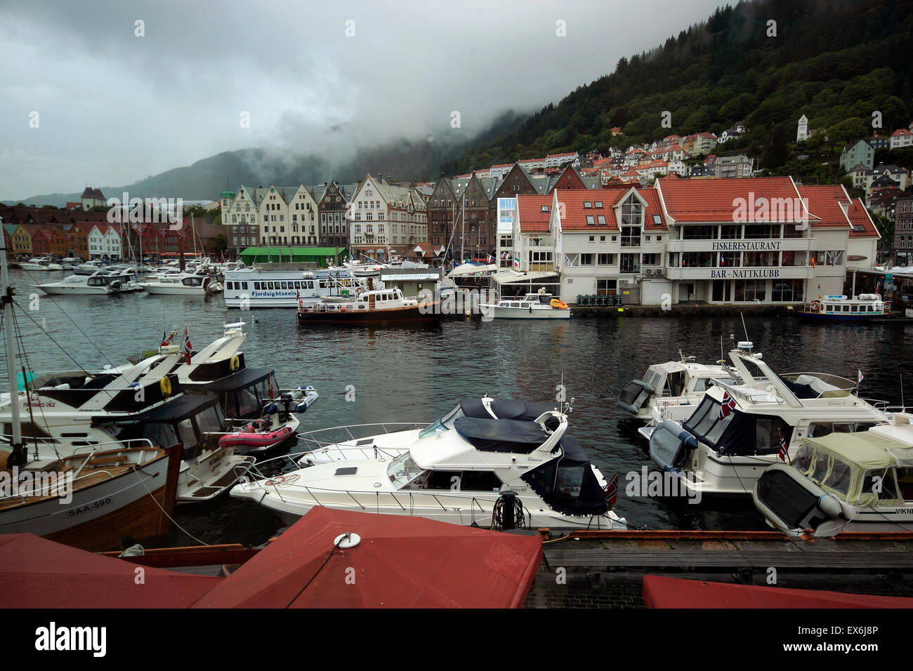 View across Bergen Harbour and Bryggen Wharf, from the Strandkaien ...
