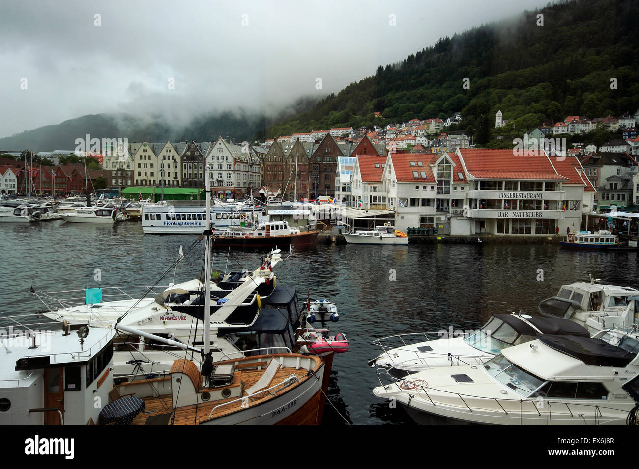 View across Bergen Harbour and Bryggen Wharf, from the Strandkaien ...