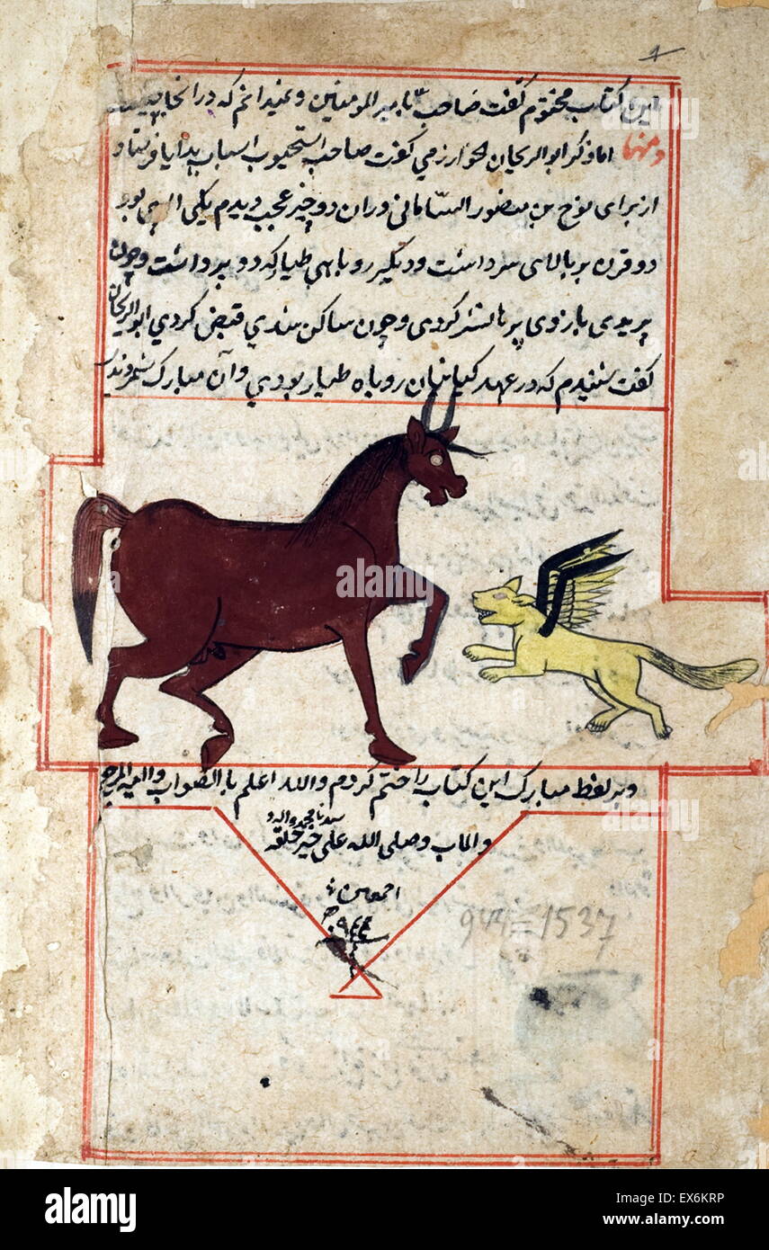 Illustration depicting horned horse and winged fox, from 1538 edition ...