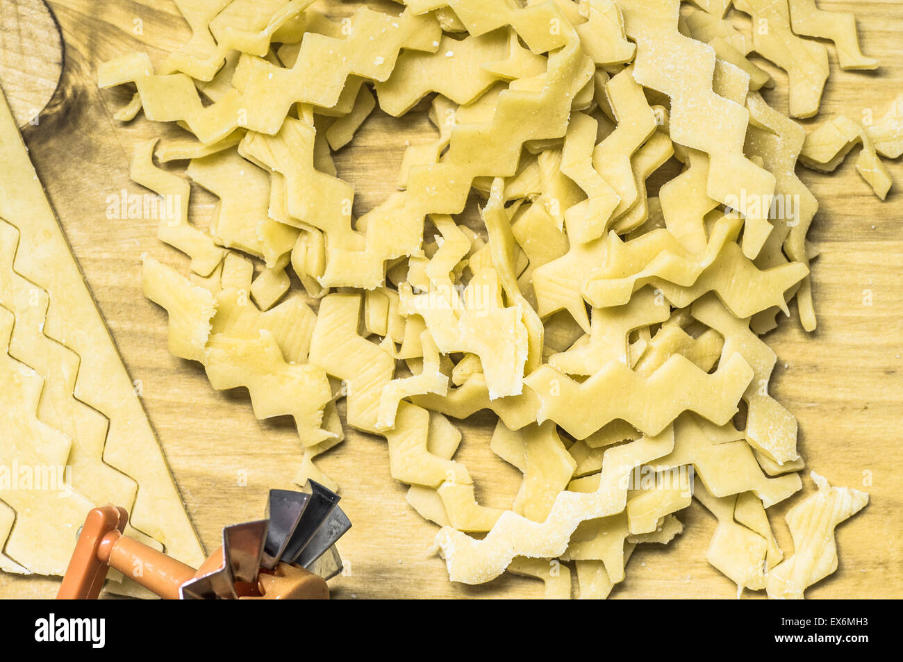 Cooking paste in the home sliced strips. View from above Stock Photo ...