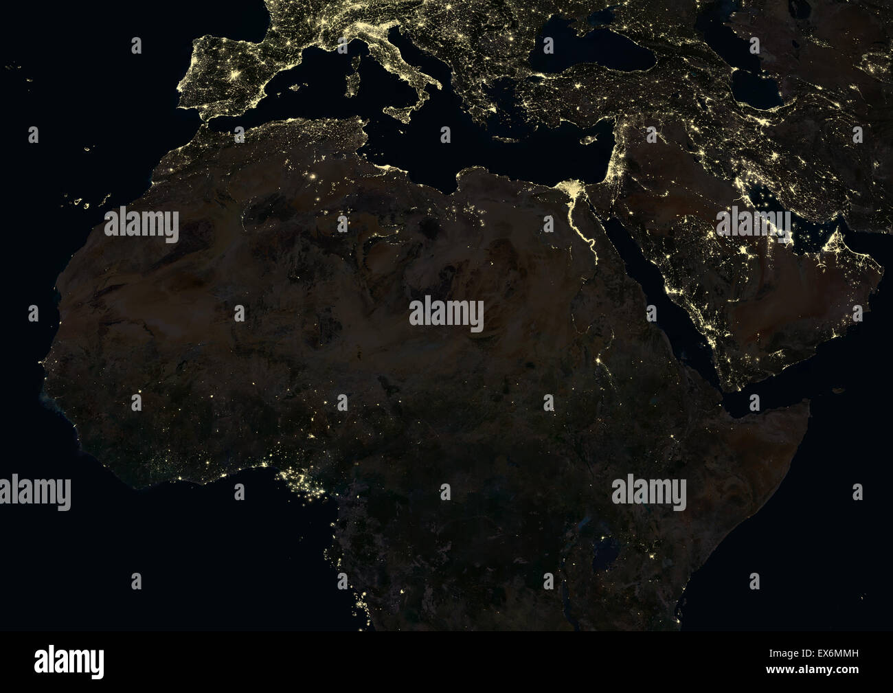 North Africa and the Middle East at night in 2012. This satellite image ...