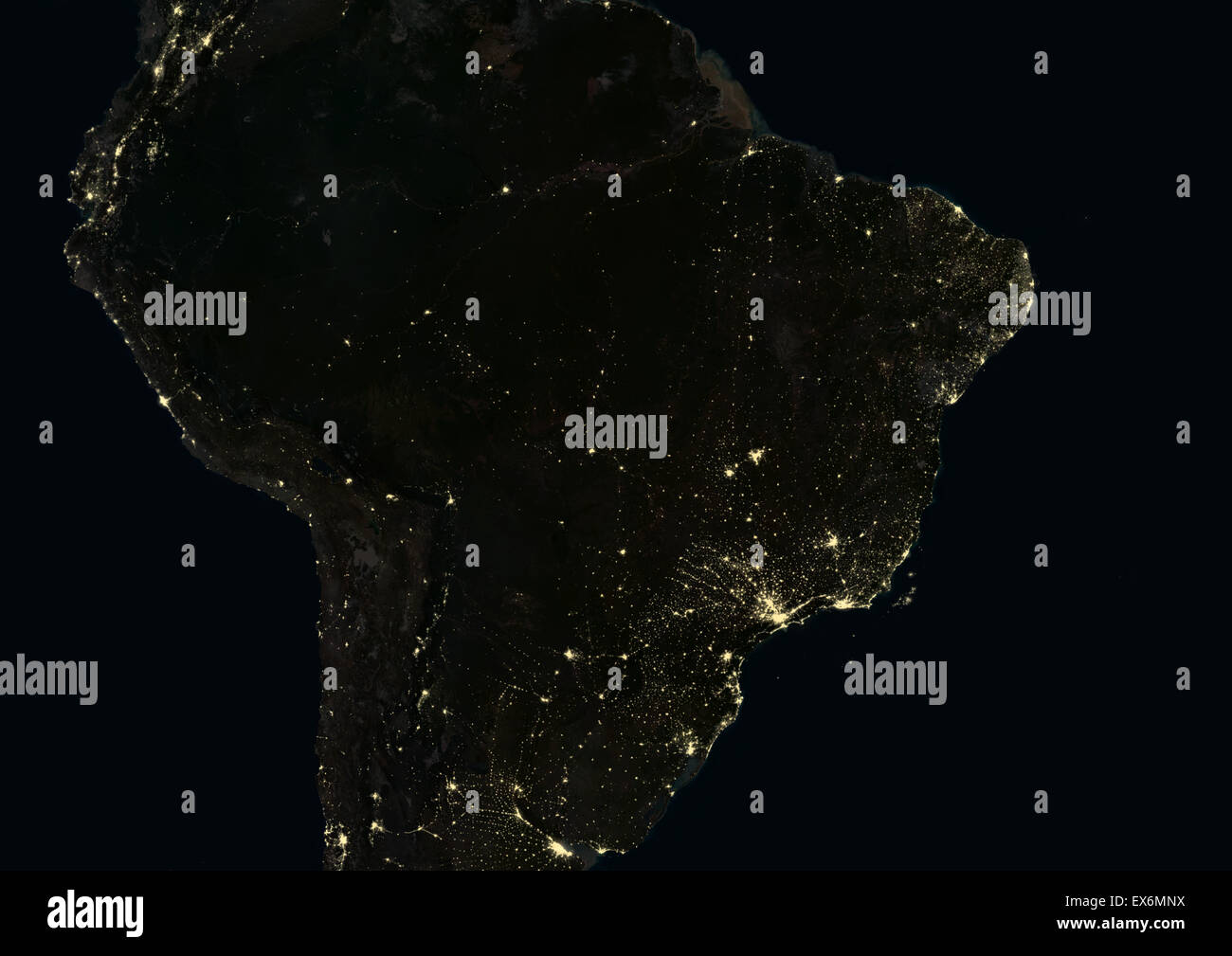 Brazil at night in 2012. This satellite image shows urban and ...