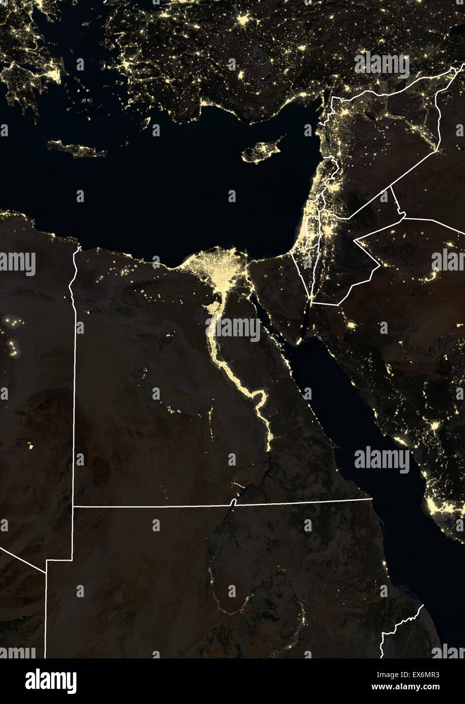 Egypt and part of the Middle East at night in 2012. This satellite ...