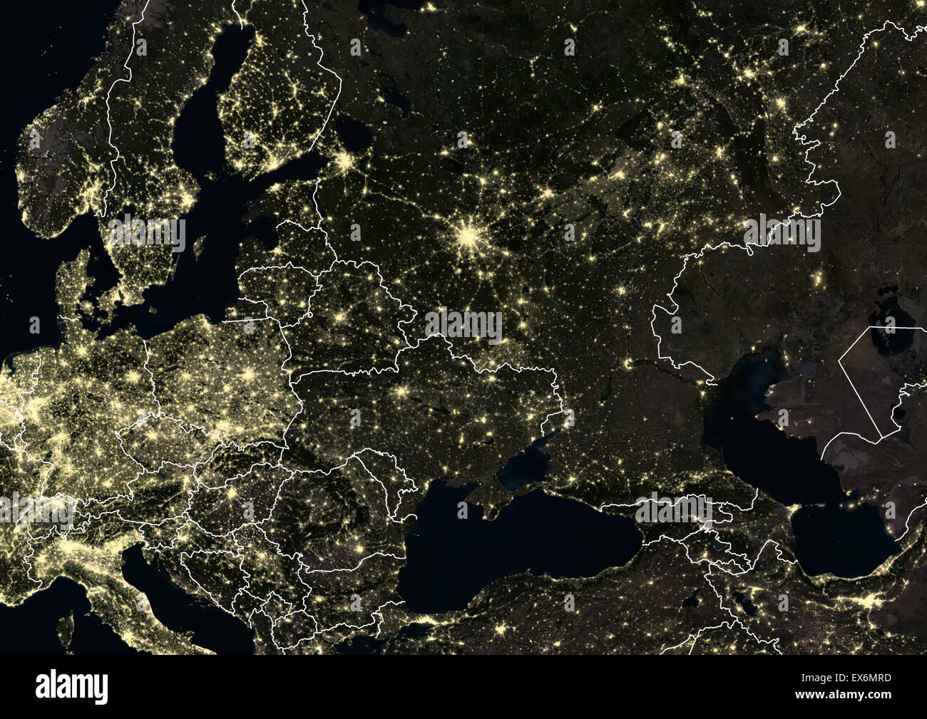 Eastern Europe at night in 2012, with Moscow, Russia at center. This ...
