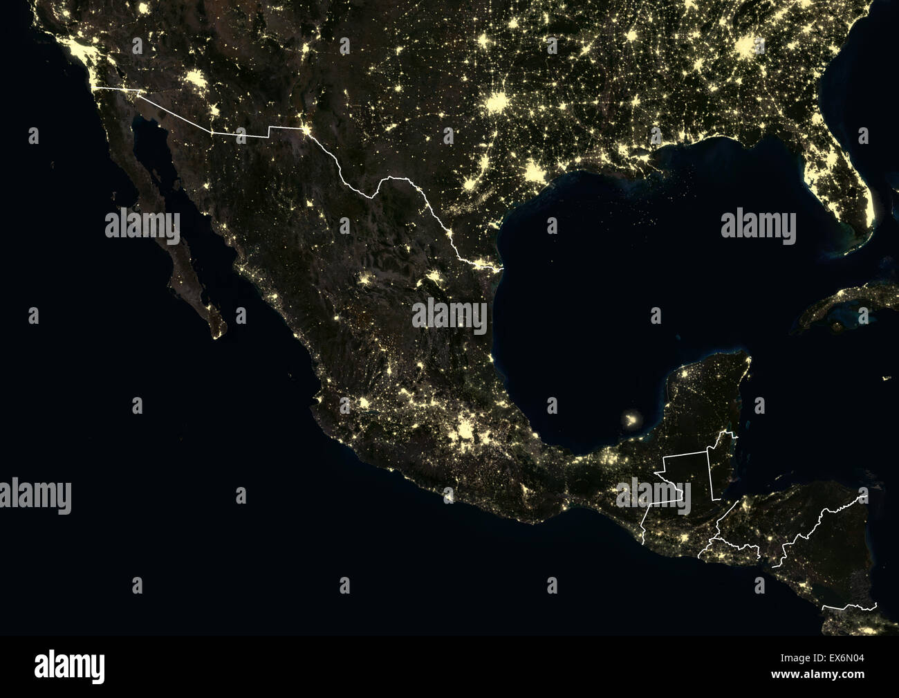 Mexico at night in 2012. This satellite image with country borders ...