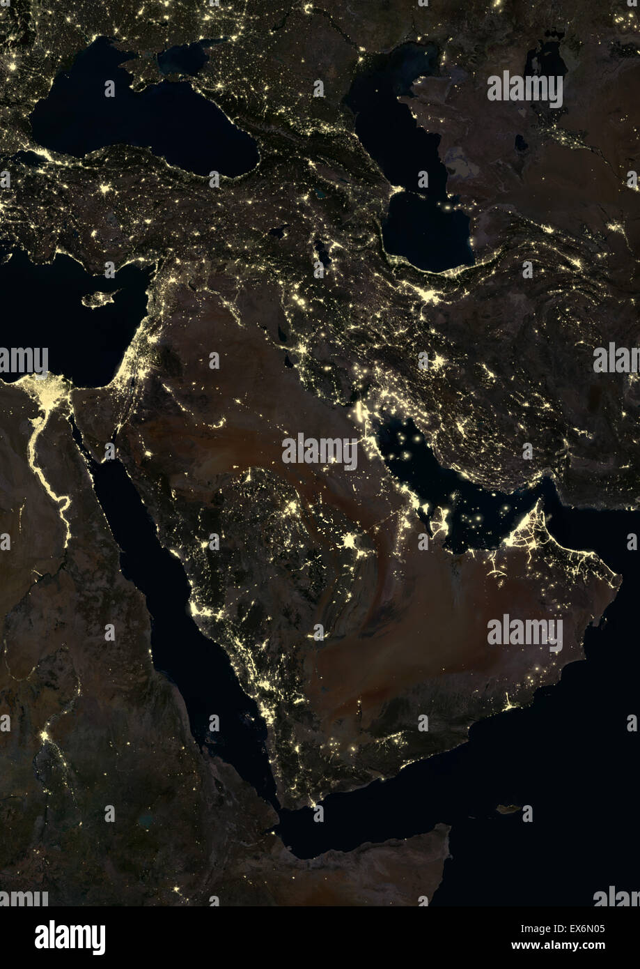 Middle East at night in 2012, with Saudi Arabia at center. This ...