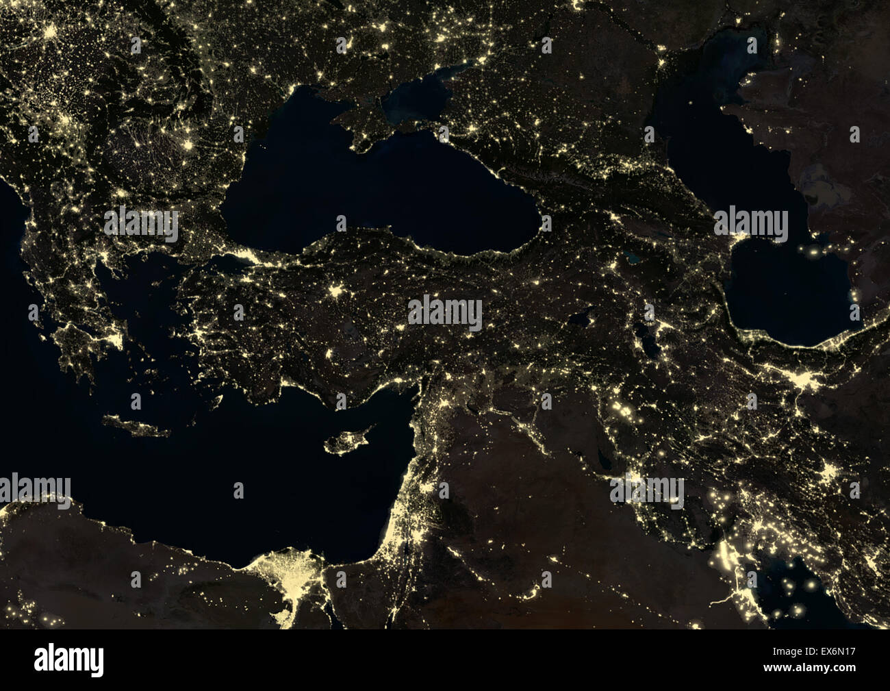 Turkey and part of the Middle East at night in 2012. This satellite ...