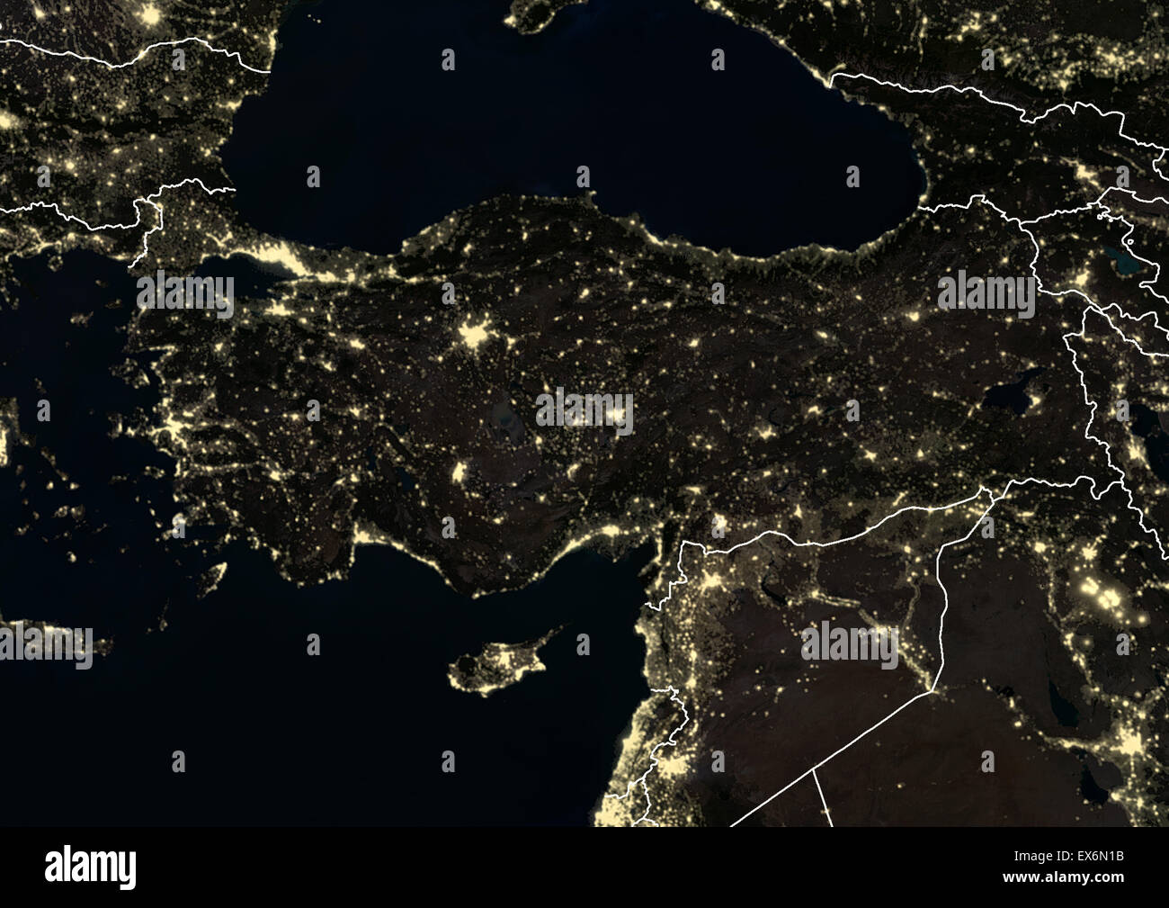 Turkey at night in 2012. This satellite image with country borders ...