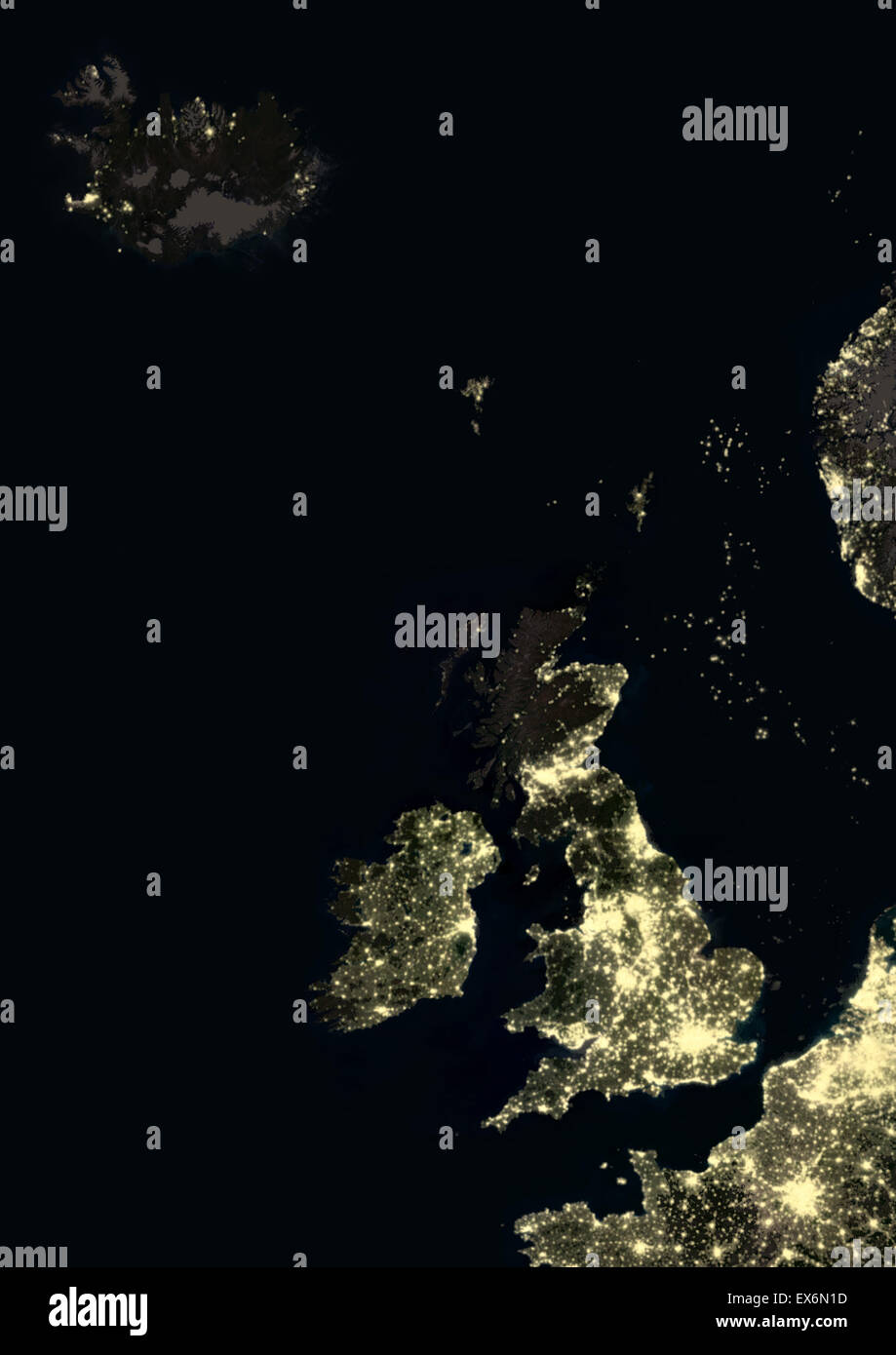 Iceland, UK and the North Sea at night in 2012. This satellite image ...
